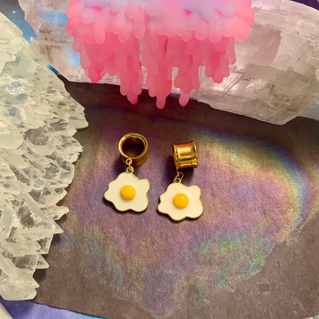Sunny Side up Egg Dangles Gold Golden Yellow Fried Eggs Steel Ear Plugs ...