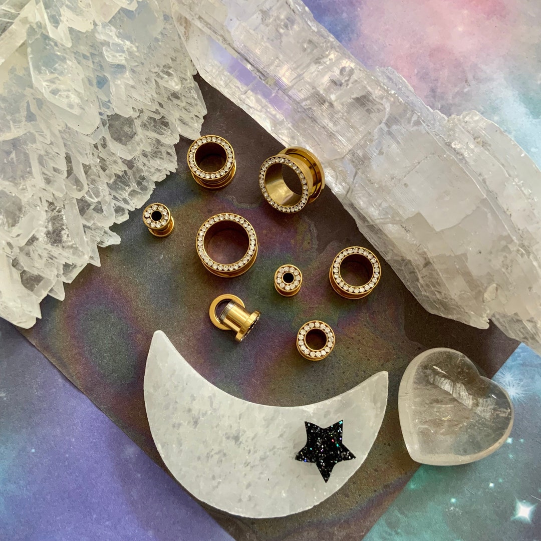 Double Bling CZ Gold Steel Ear Plugs Gauges Tunnels Pair Sparkle Gem ...