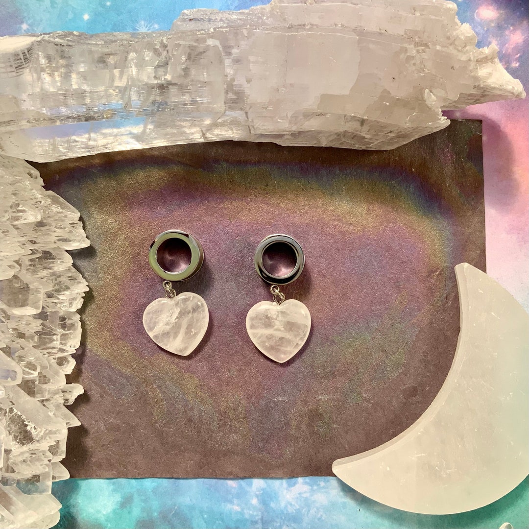 Clear Quartz Adoring Dangle Plugs Heart Shaped Stone Silver Steel Ear ...
