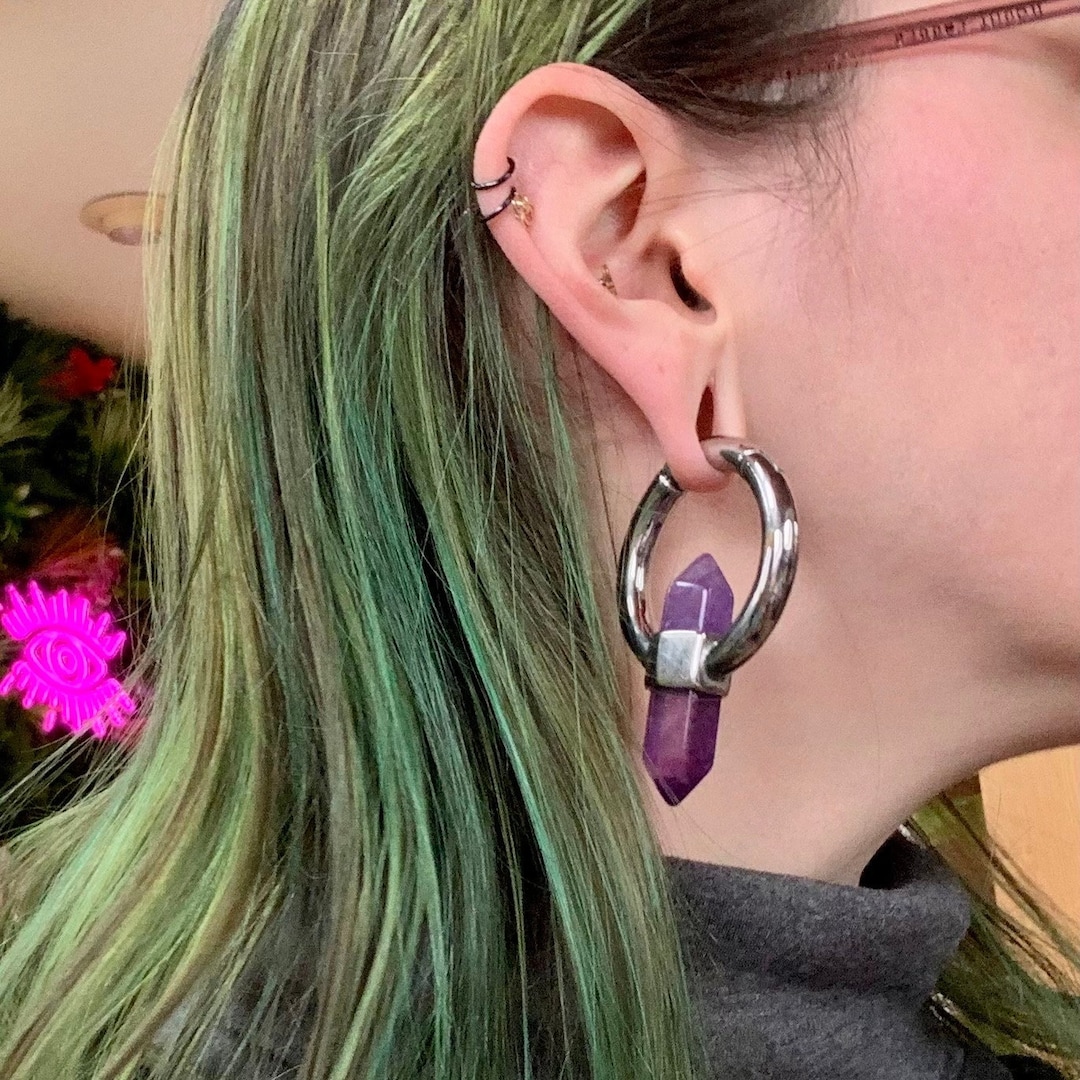 Power Amethyst Ear Weights Silver Steel Crystal Hangers Pair Ear Plugs ...