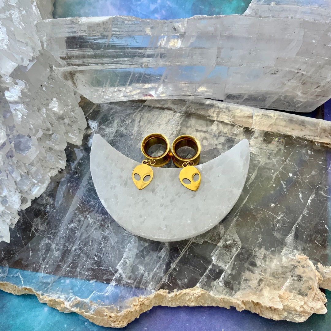 Tiny Sun God Aliens Dangle Earrings Gold Steel Ear Plugs Gauges ET Head ...