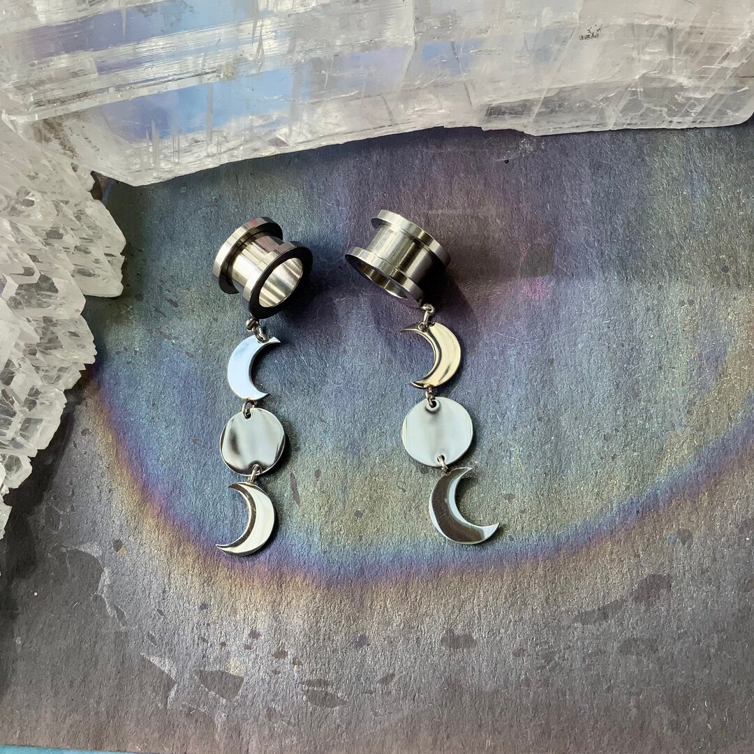 Goddess Moon Phases Dangle Earrings Silver Steel Ear Plugs Gauges ...