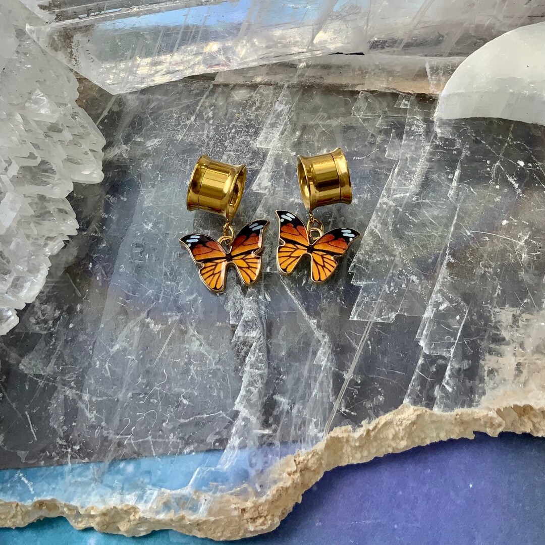 Monarch Butterfly Dangle Earrings Gold Steel Stretched Ear Plugs Gauges ...