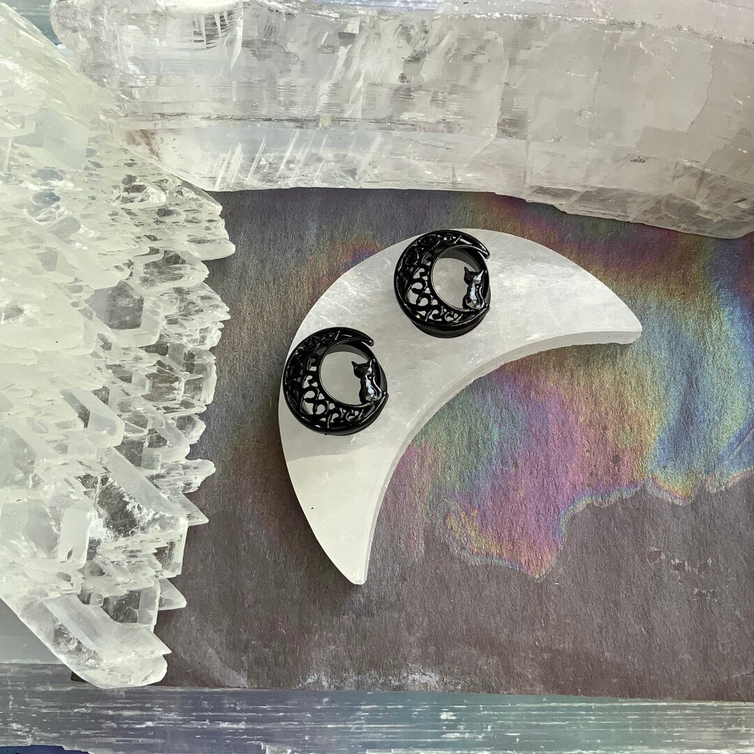 New Moon Luna Cat Black Steel Ear Plugs Crescent Moons Dark Kitty Moon ...