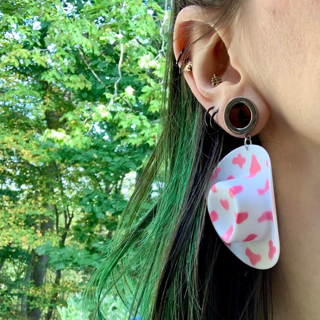 Pink Cow Babe Dangle Gauges Silver Steel Ear Plugs Tunnels Cowgirl ...