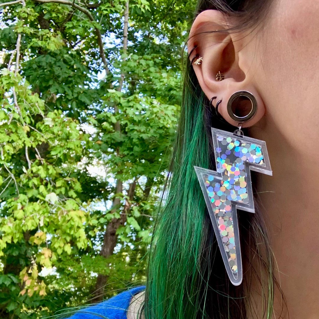 Bowie Bolt Dangle Gauges Giant Holographic Lightning Bolts Silver Steel ...