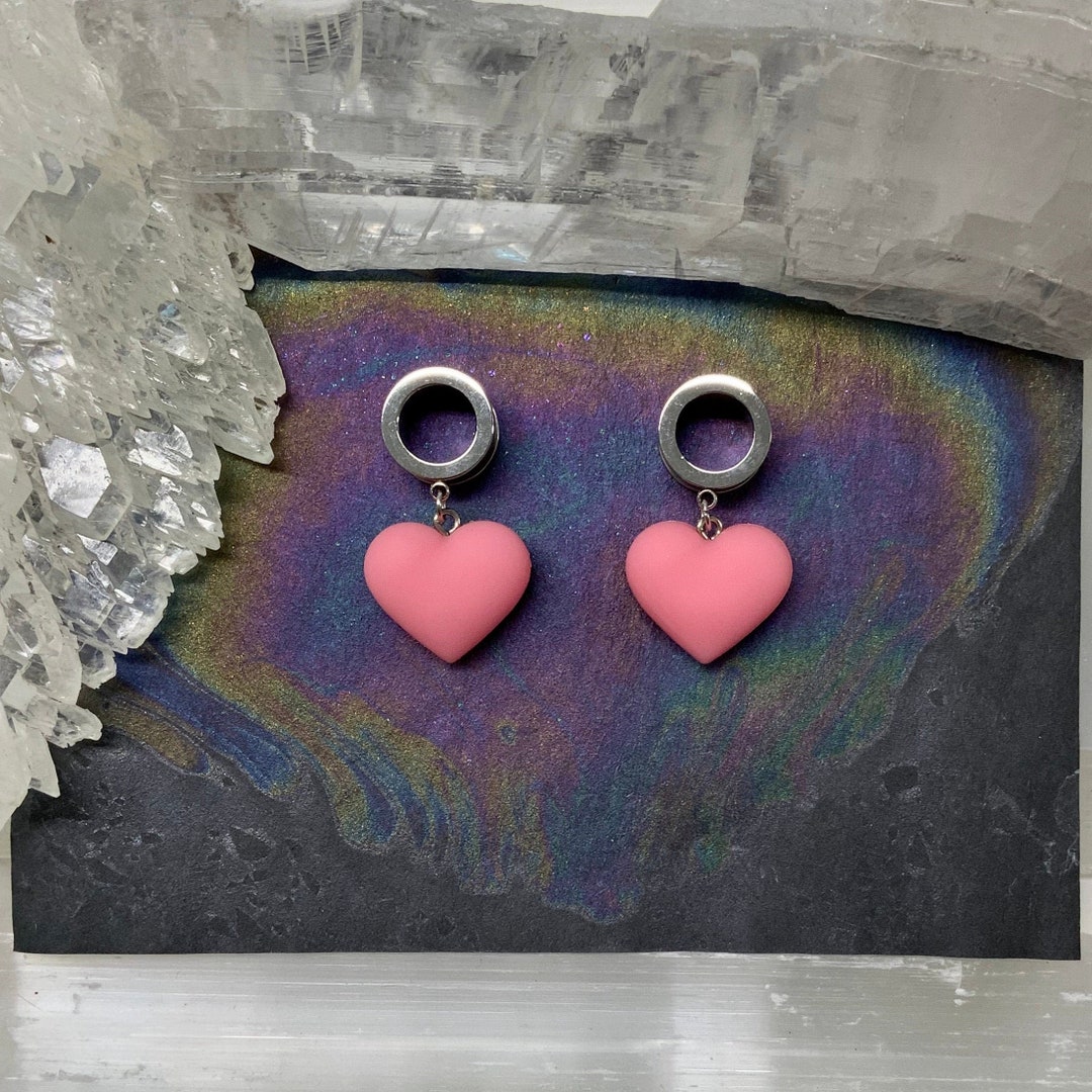 Cutie Hearts Pastel Pink Heart Dangles Silver Steel Ear Plugs Gauges ...