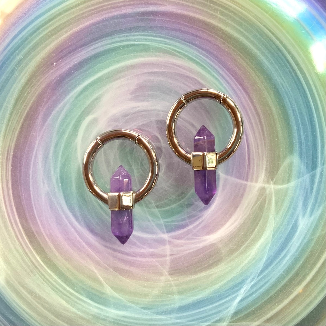 Power Amethyst Ear Weights Silver Steel Crystal Hangers Pair Ear Plugs ...