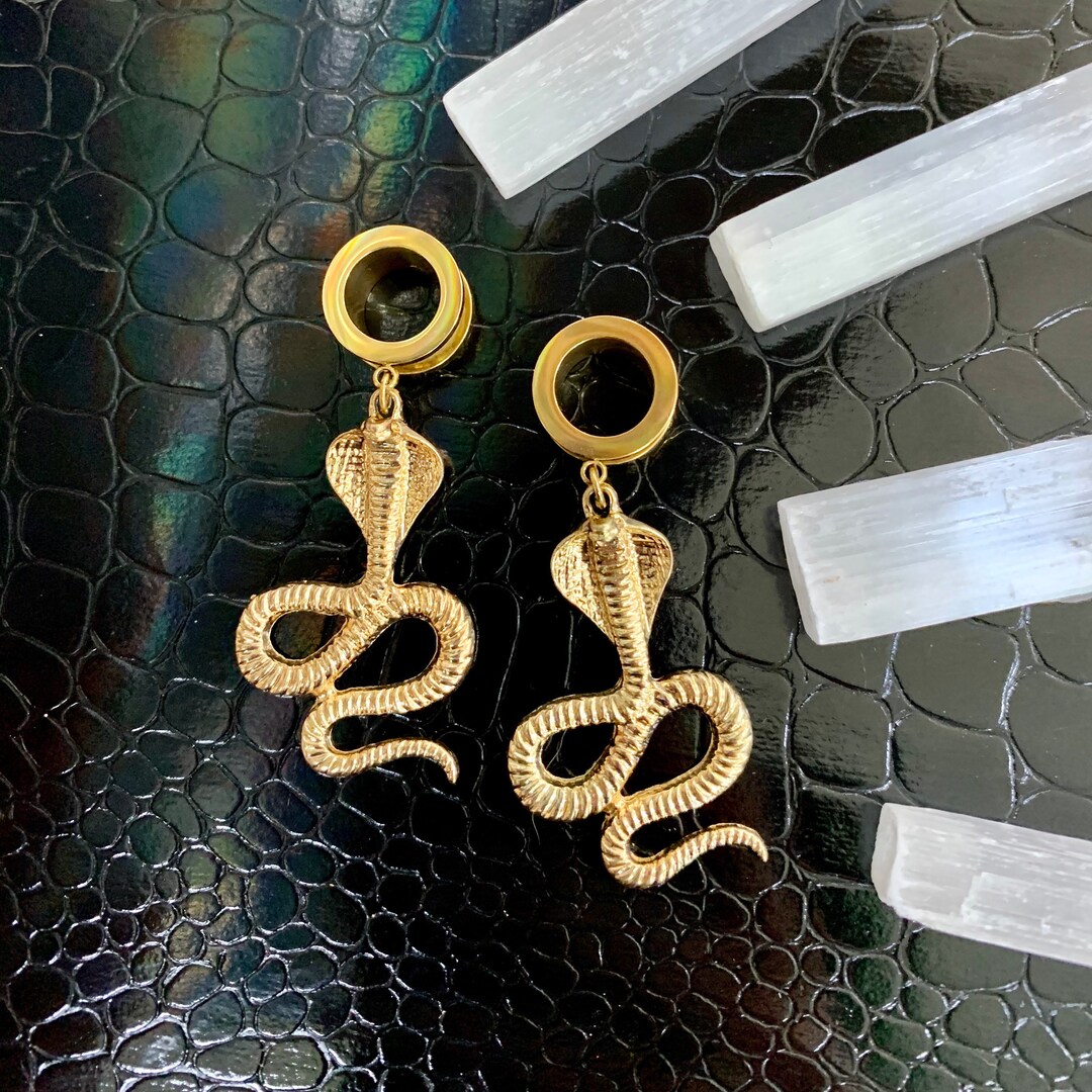 Cobra Spirit Dangles Gold Steel Ear Plugs Gauges Tunnels Snake Animal ...