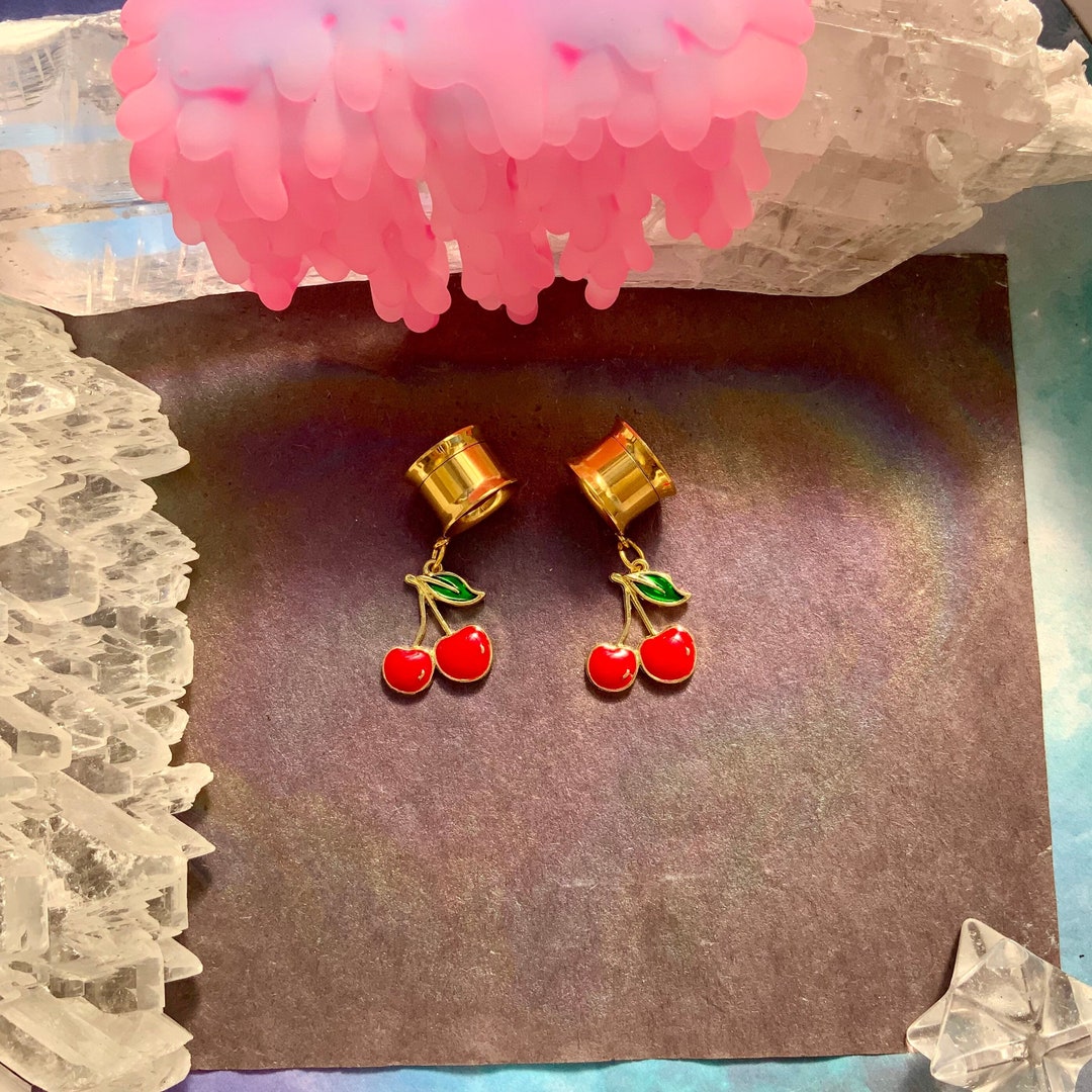 Taste for the Cherry Dangle Gauges Gold Steel Ear Plugs Tunnels Red ...
