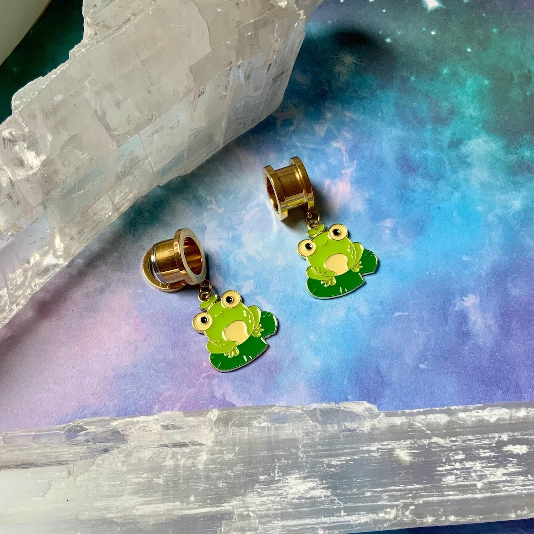 Lil Froggies Dangle Gauges Gold Steel Ear Plugs Tunnels Frog Lover Gift ...