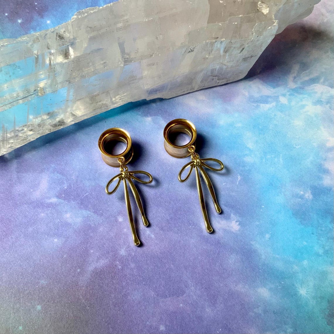 Girly Bows Gold Dangle Gauges Golden Steel Ear Plugs Tunnels Coquette ...