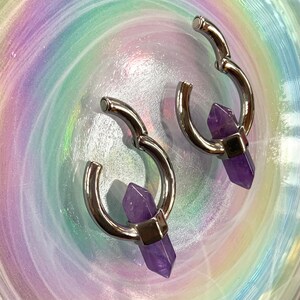 Power Amethyst Ear Weights Silver Steel Crystal Hangers Pair Ear Plugs ...