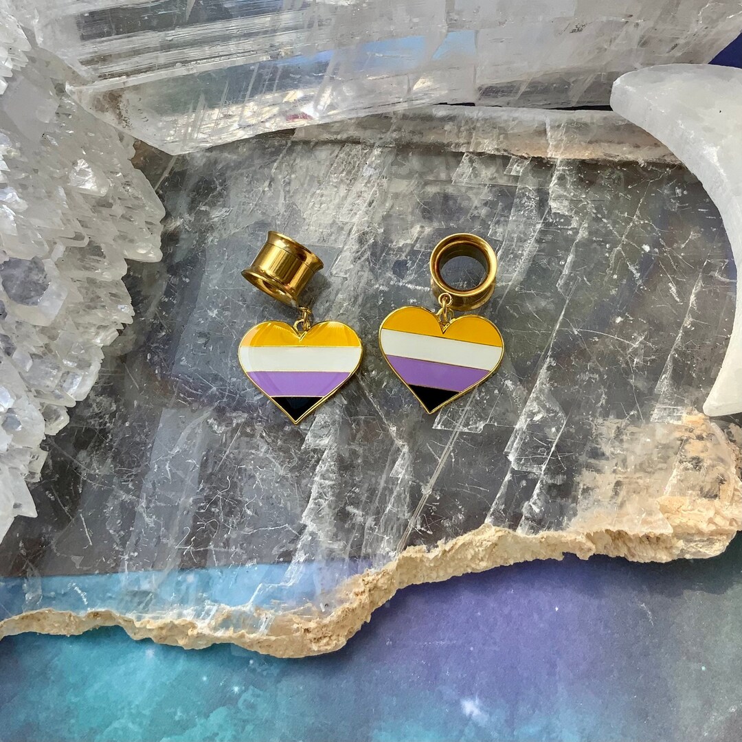 Nonbinary Flag Dangle Earrings Pride Hearts Steel Stretched Ear Plugs Gauges Tunnels Dangles Non ...