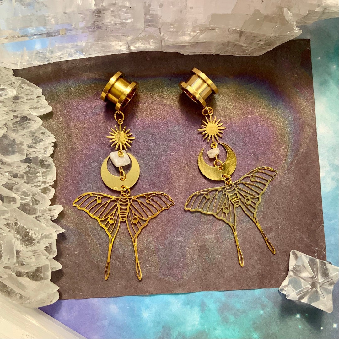 Lunar Luna Moth Dangles Gold Steel Ear Plugs Gauges Tunnels Whimsigoth ...