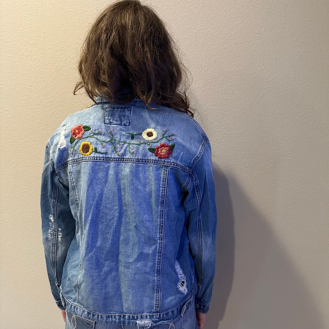 Hand Embroidered Floral Thrifted Jean Jacket Denim Wax Goods Size S ...
