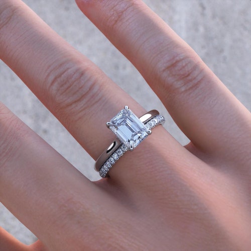 Hidden Halo 2 5ct Emerald Cut Moissanite Engagement Ring Set Etsy