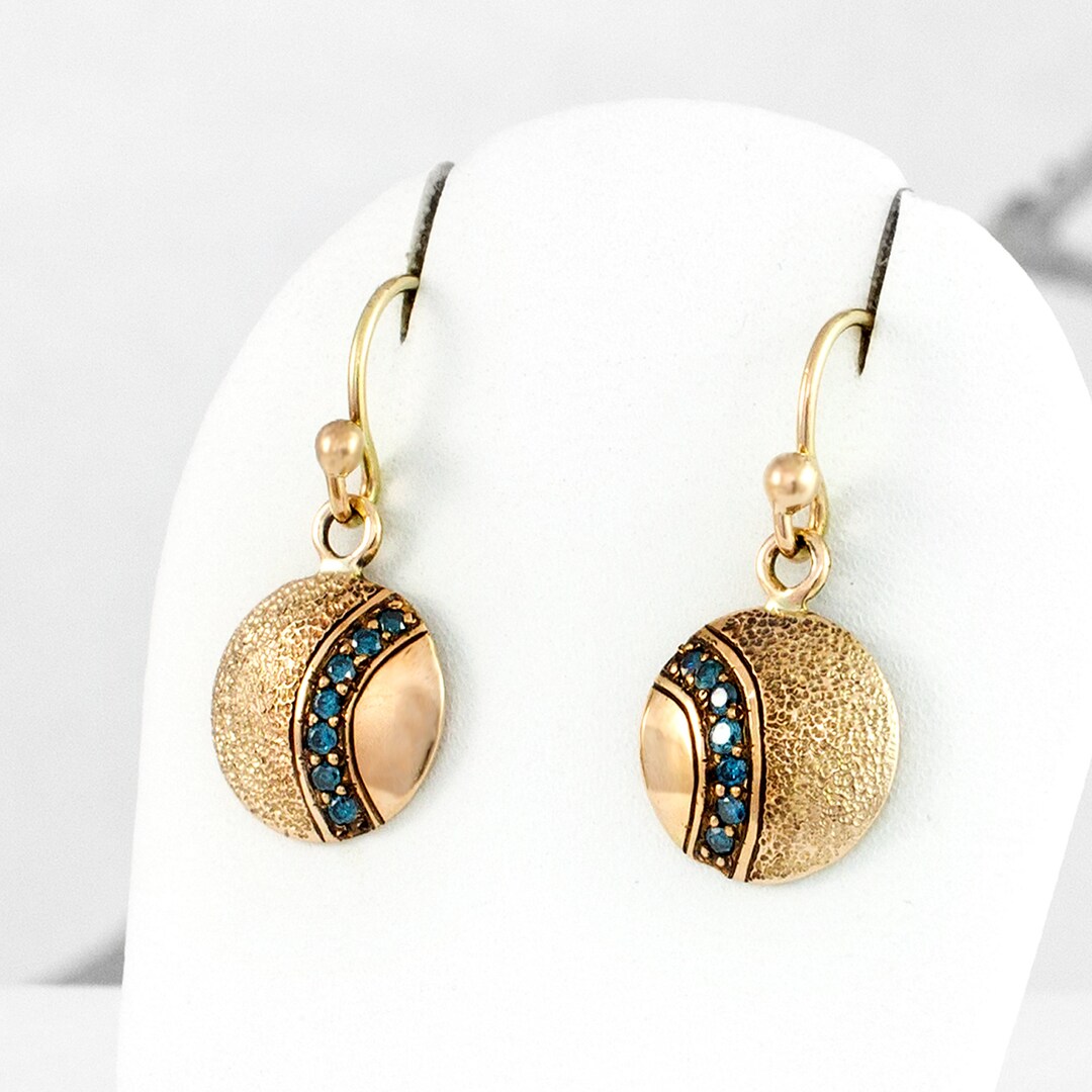 Blue Diamond Earrings, 14ct Gold Drop Earrings by Nick Ovchinikov, Hand Engraved Hand Textured ...