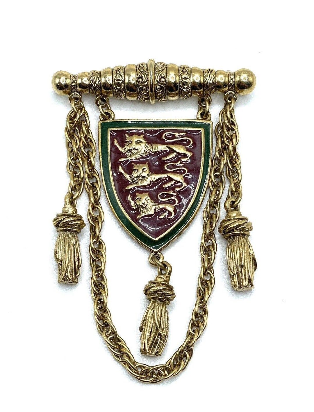 Vintage Gold Three Lions Heraldic Coat of Arms Dangles Scrolls Enamel ...