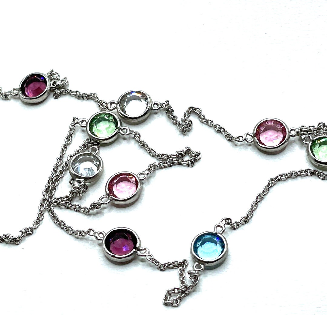 IBB Colorful Bezel Set Crystal Station Necklace Silver Y2K Fairy - Etsy
