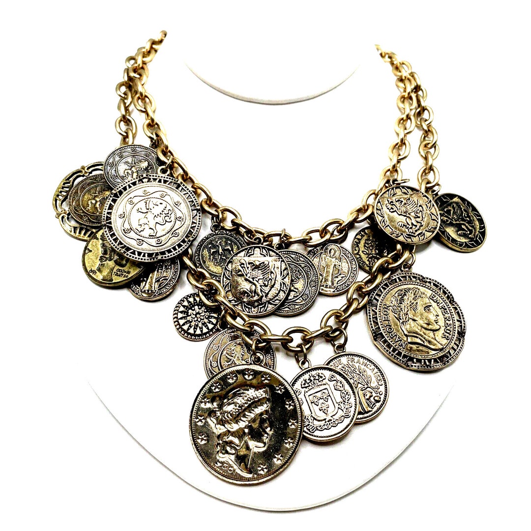 Brutalist Emperor Napoleon Necklace Polished Gold Brass Coins Jangling ...