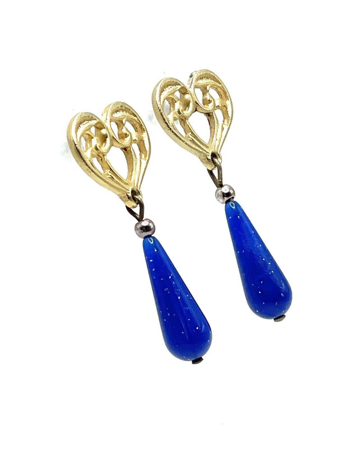 Etruscan Revival Brushed Gold Heart Faux Blue Lapis Teardrop Dangle ...