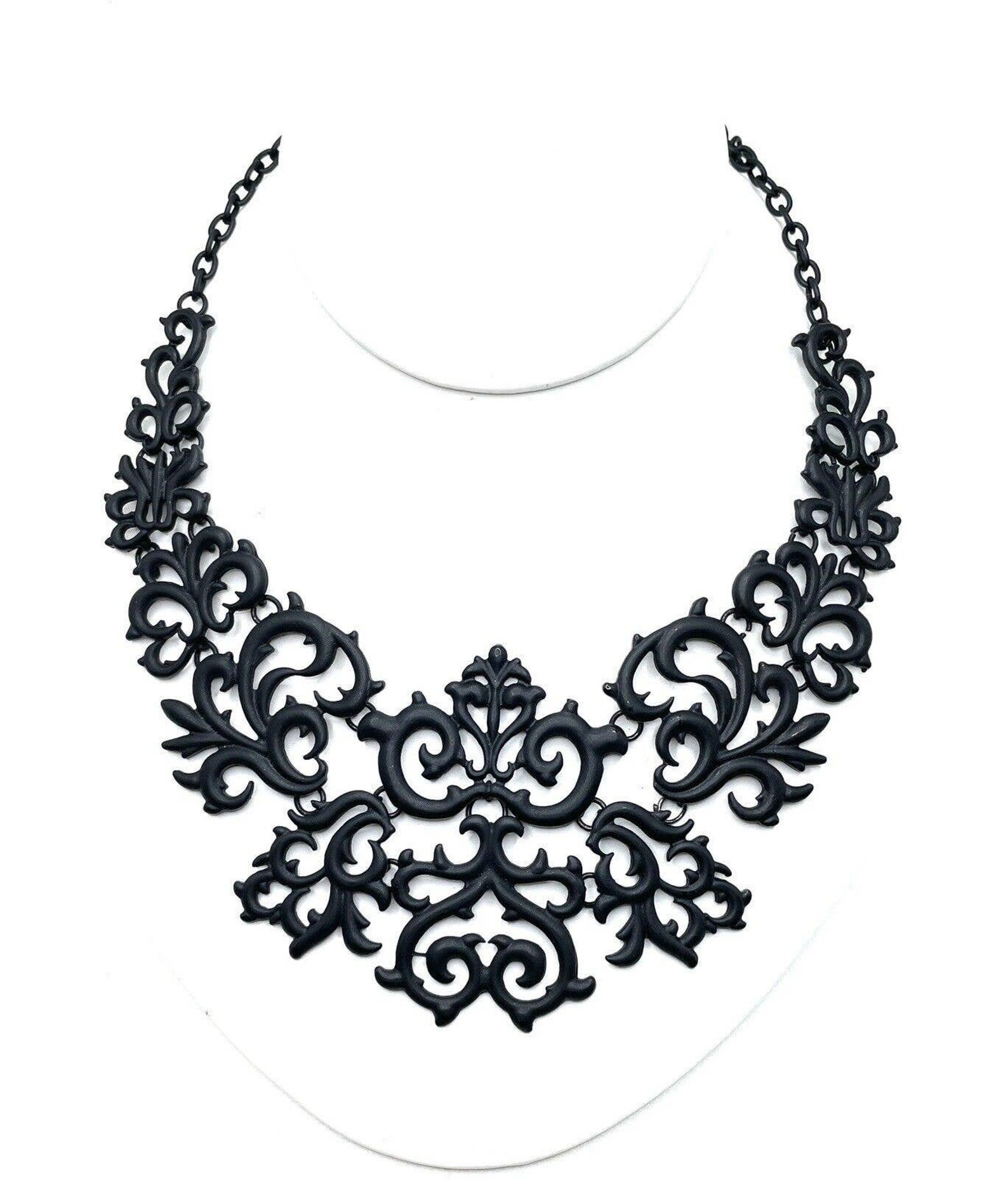 Victorian Gothic Matte Black Metal Lace Vines Sculpted Bib Necklace ...