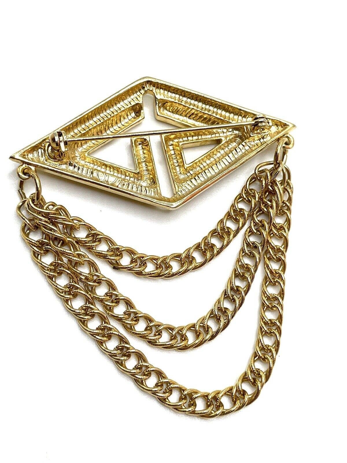 Art Deco Geometric Rhombus Chatelaine Polished Gold Brooch Pin Vintage ...