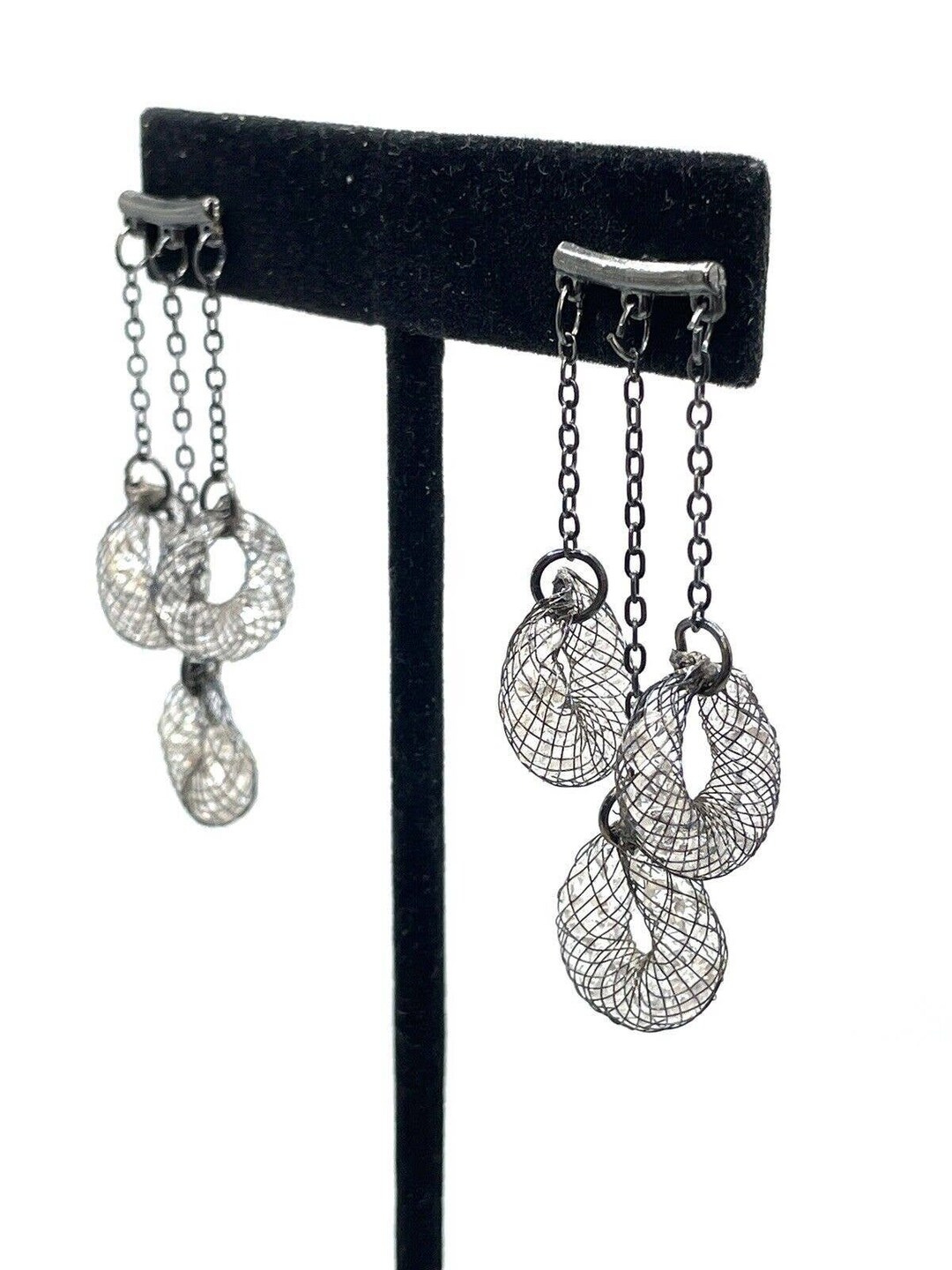 Mid Century Modern Pewter Rock Crystal Mesh Tri Drop Bar Dangle ...