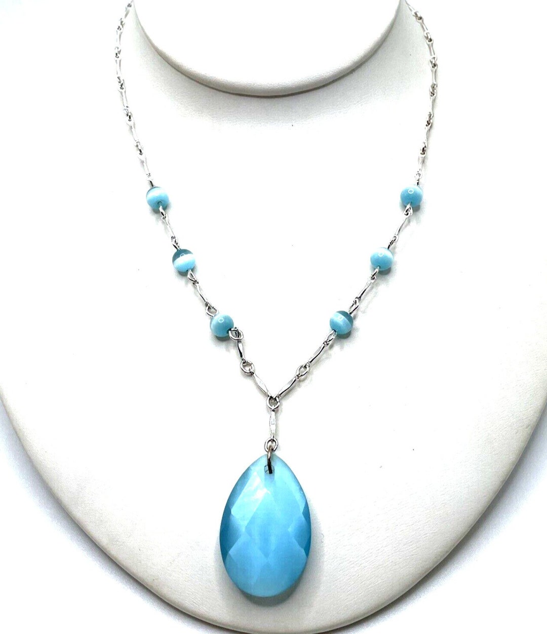 Avon Nina Ricci Aqua Blue Station Necklace Cats Eye Beaded Teardrop ...