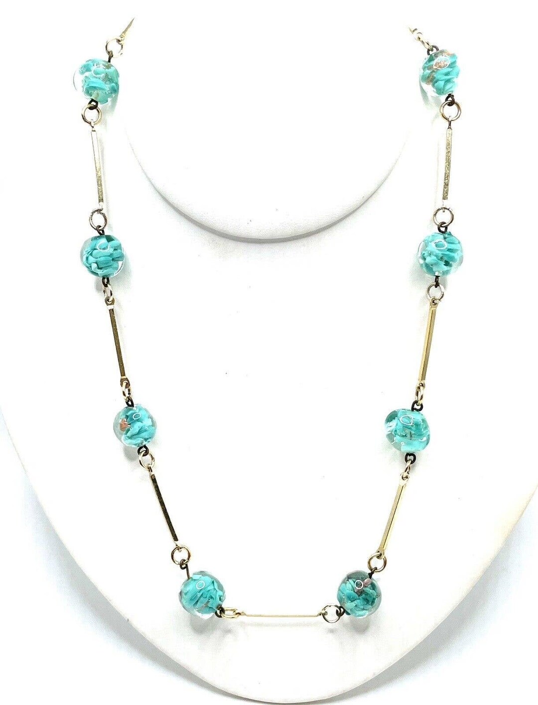 Murano Sommerso Lampwork Art Glass Gold Aqua Beaded Station Necklace ...