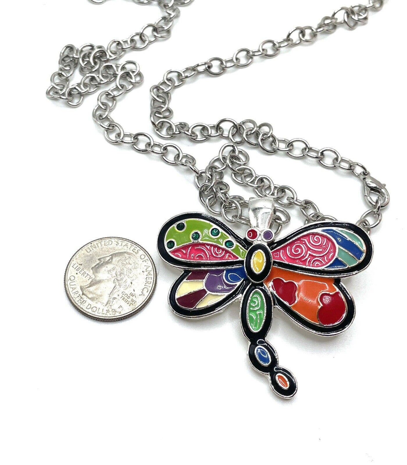 RMN Roman Pop Art Enamel Firefly Pendant Silver Necklace Colorful Large ...