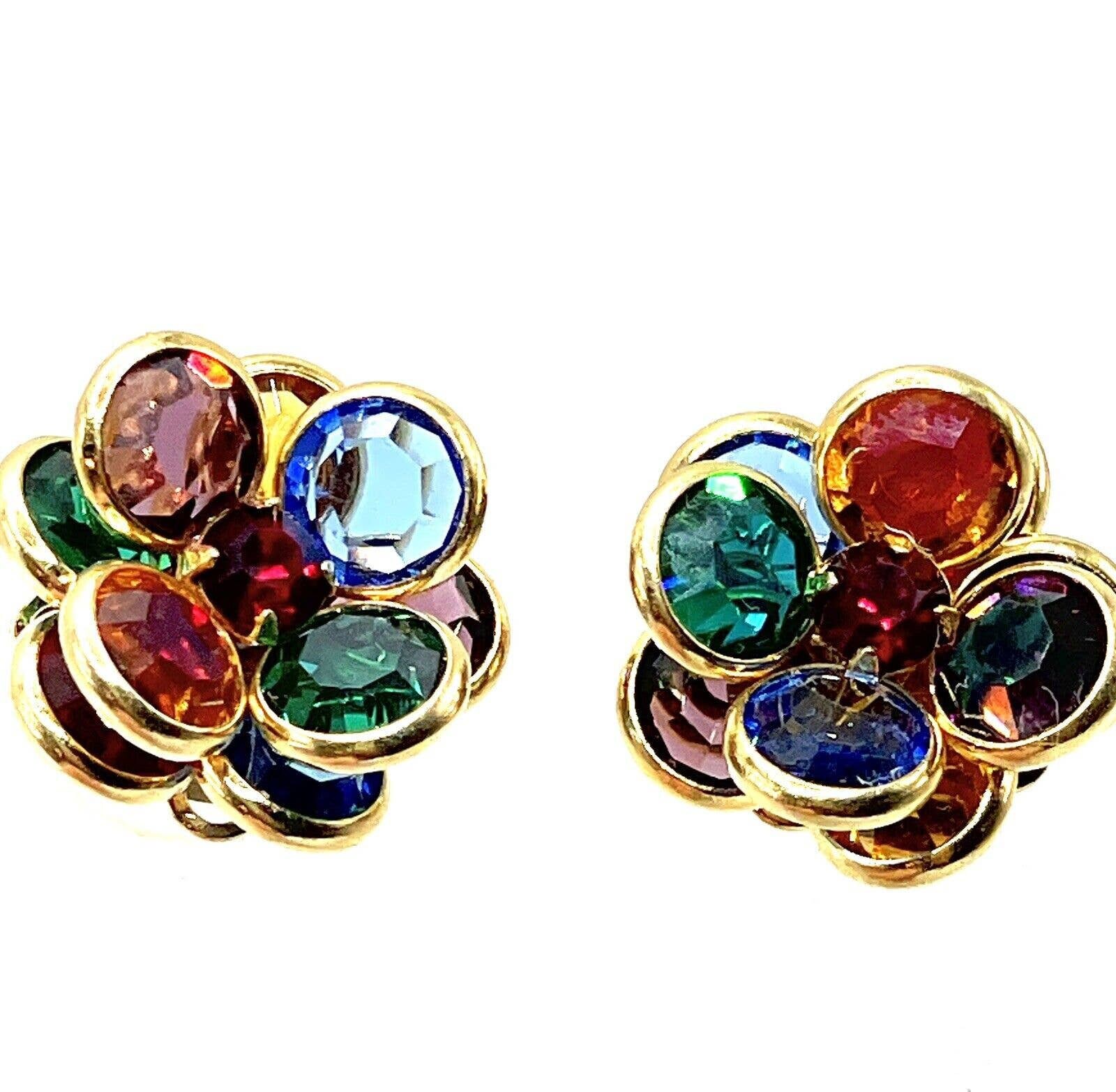 Swarovski Bezel Set Jewel Tone Crystal 3D Flower Earrings Vintage ...