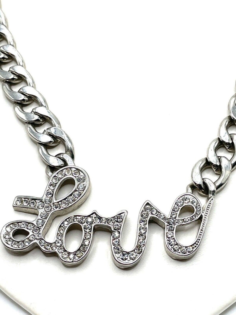 Silver Crystal Cursive LOVE Curb Chain Nameplate Necklace Y2K - Etsy