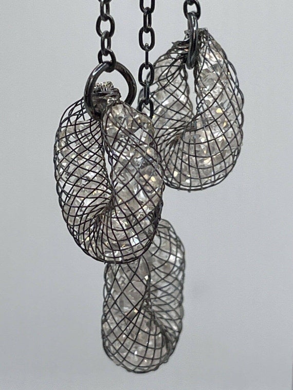 Mid Century Modern Pewter Rock Crystal Mesh Tri Drop … - Gem