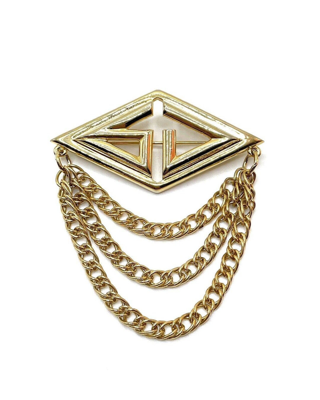 Art Deco Geometric Rhombus Chatelaine Polished Gold Brooch Pin Vintage ...