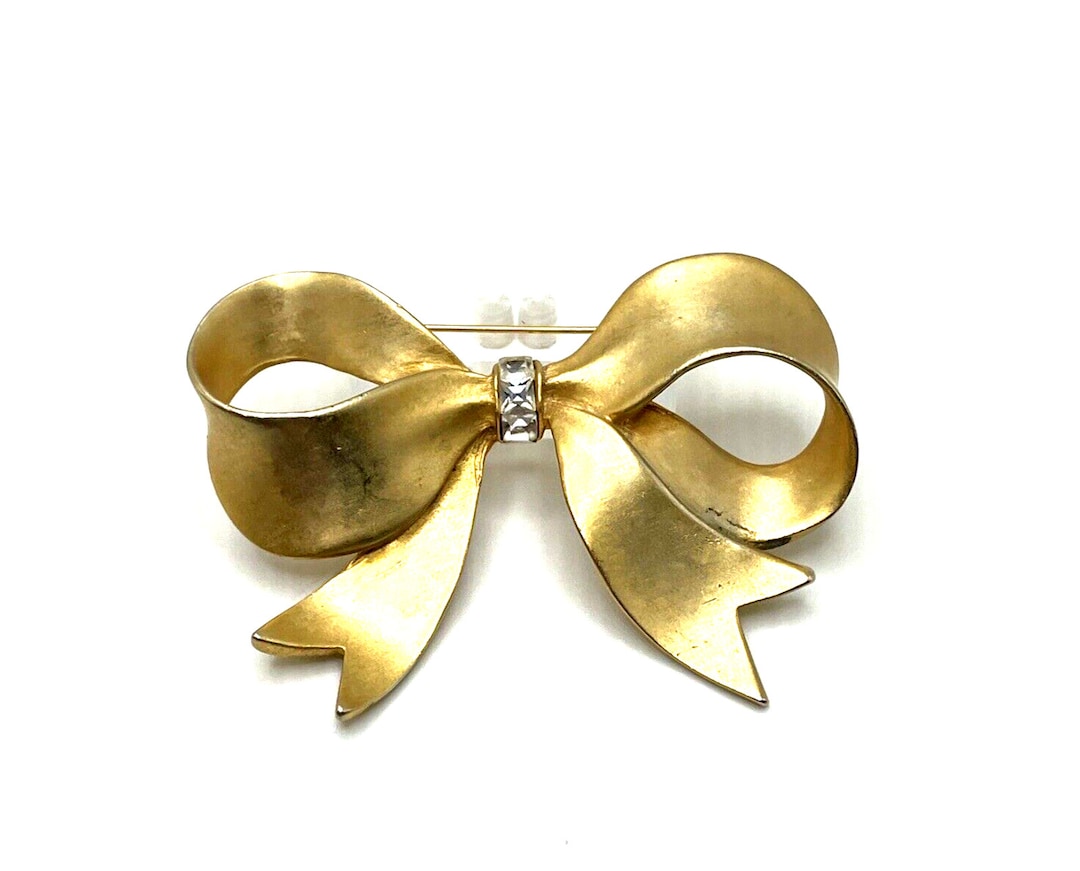 Erwin Pearl PEP Brushed Gold Crystal Bow Ribbon Brooch Runway HUGE ...