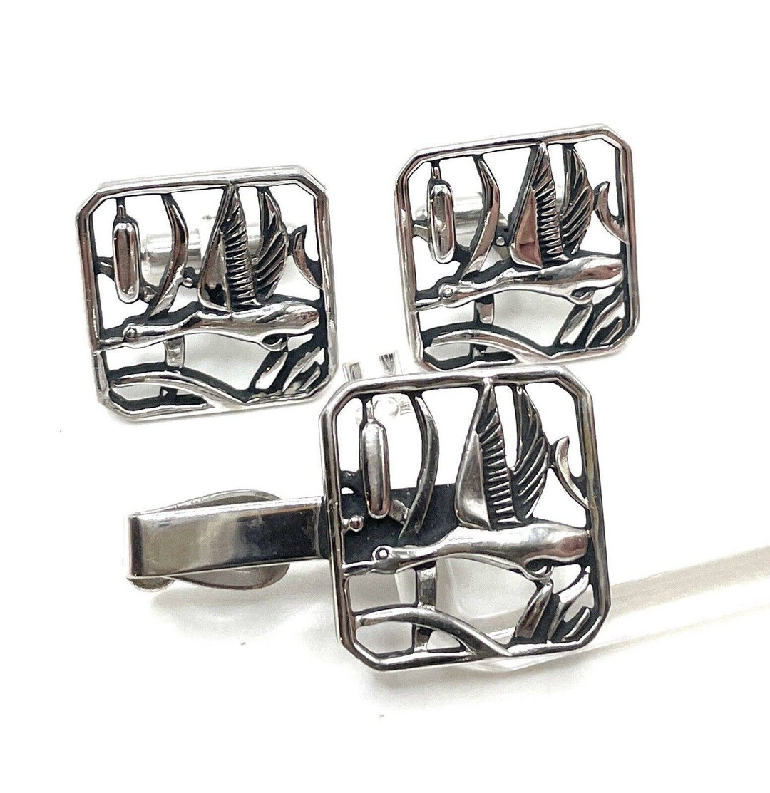 Silver Flying Ducks Figural Openwork Cuff Links Tie Bar Set Hunting ...