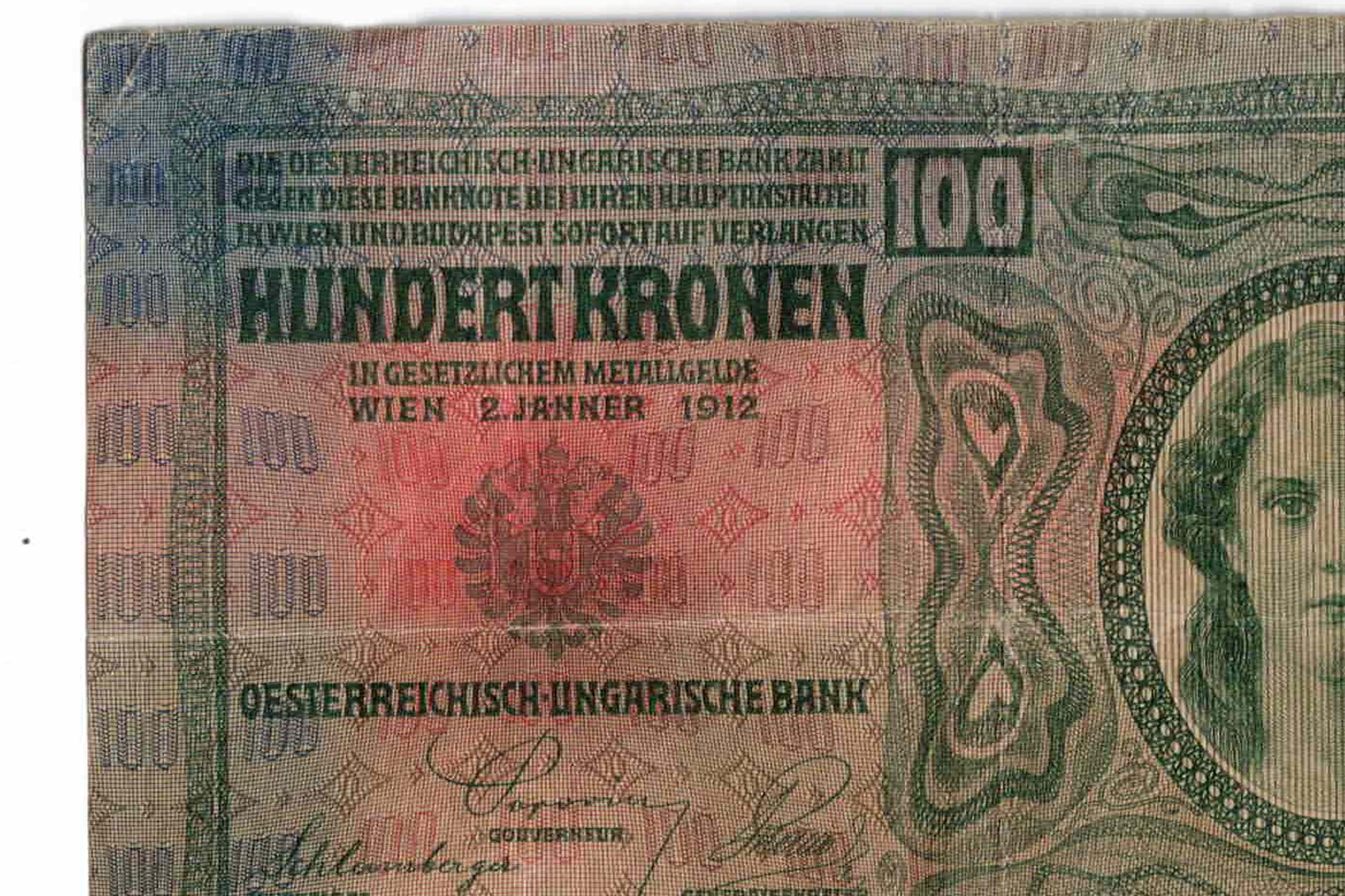 Antique 1912 Austrian Hungarian Empire 100 Kronen Banknote Bill ...