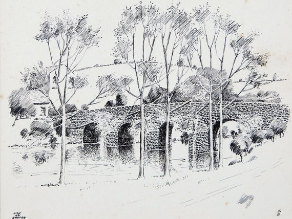 Drawing & Illustration Pen & Ink Art & Collectibles British Wales Lake ...