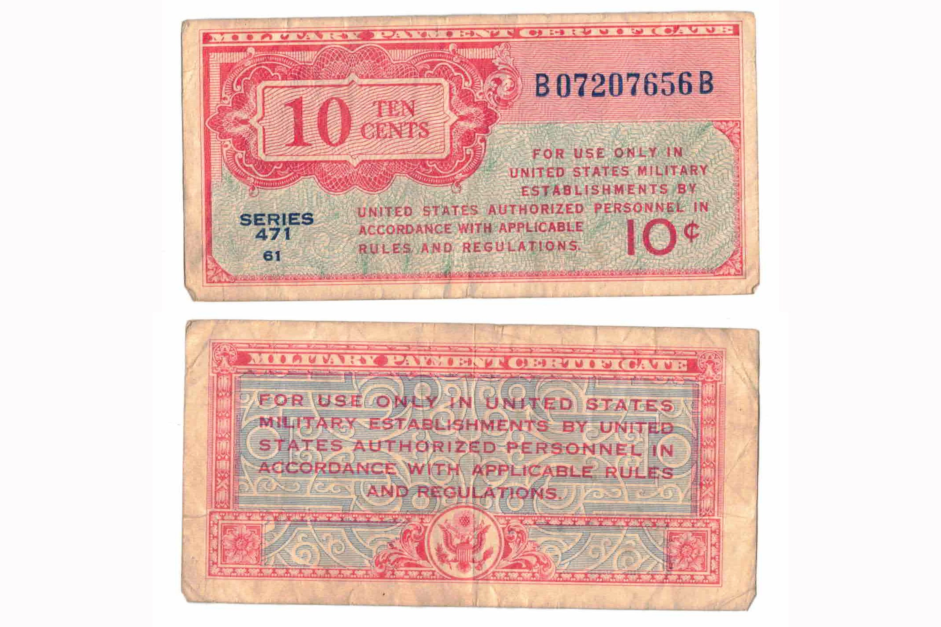 10 Cents of Dollar Military Payment Certificate Series 471, Red and ...