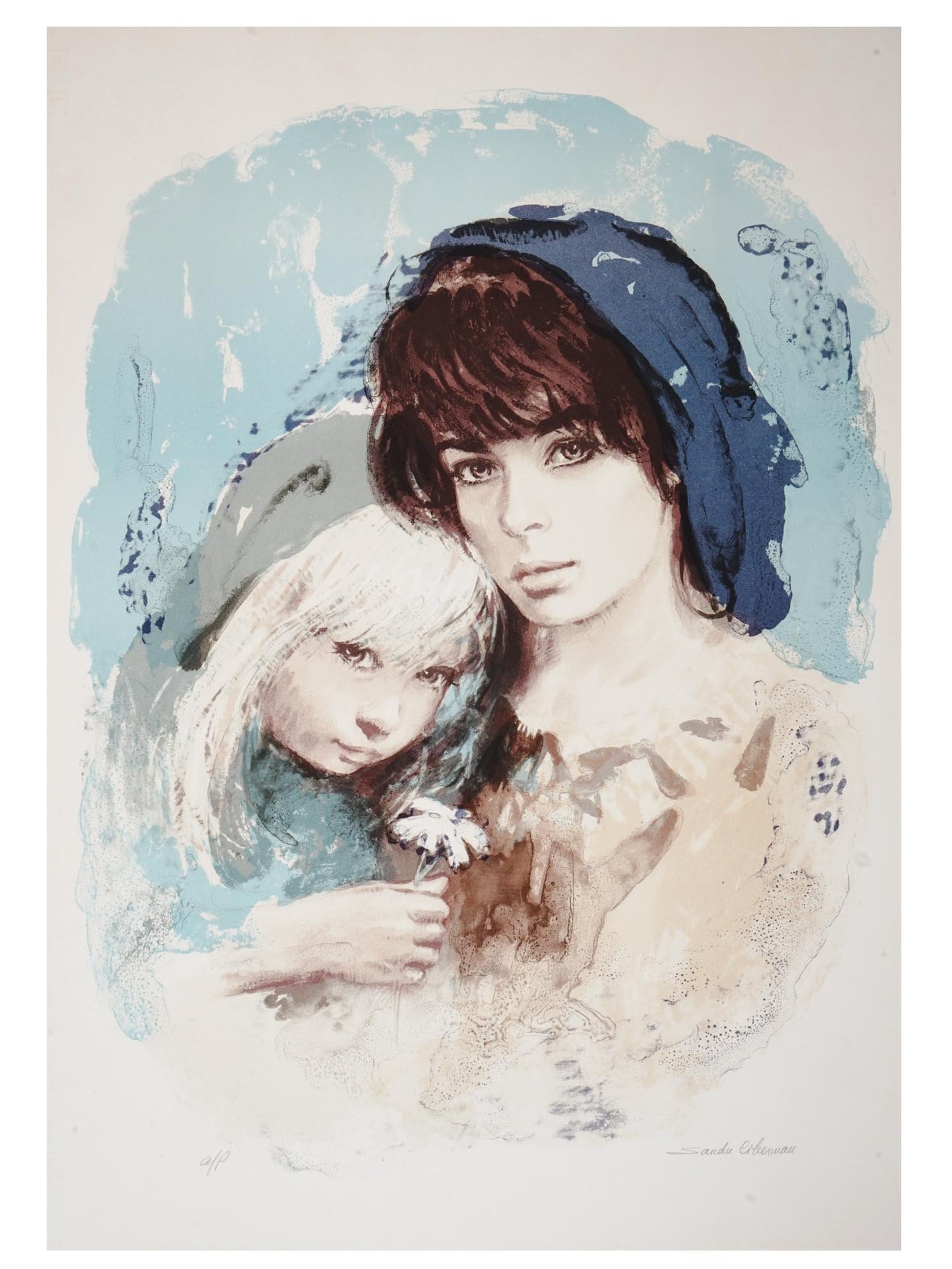Motherhood, Color Lithograph Print on Paper by Sandu Liberman, A Jewish ...