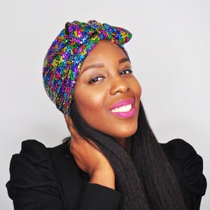 Rainbow Sequin Sparkly Bow Turban, Head Wrap, Multicolour Boho Turban ...