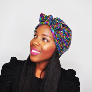 Rainbow Sequin Sparkly Bow Turban, Head Wrap, Multicolour Boho Turban ...