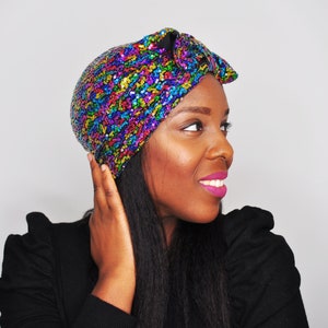 Rainbow Sequin Sparkly Bow Turban, Head Wrap, Multicolour Boho Turban ...