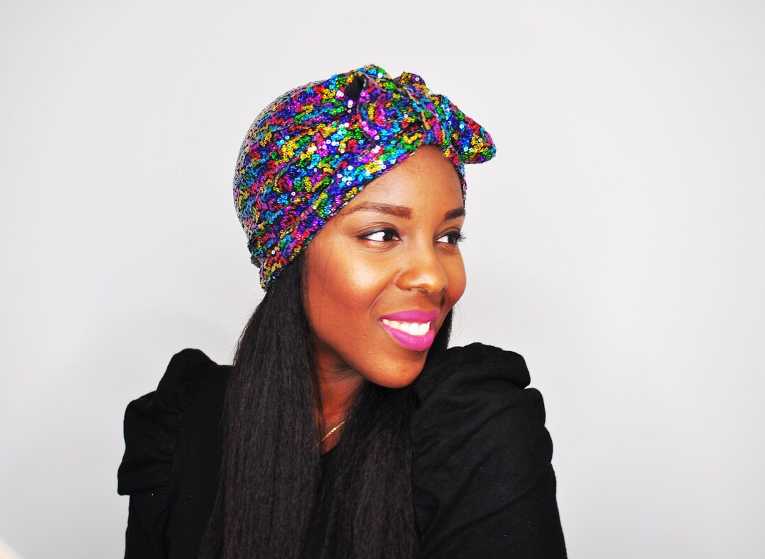 Rainbow Sequin Sparkly Bow Turban, Head Wrap, Multicolour Boho Turban ...