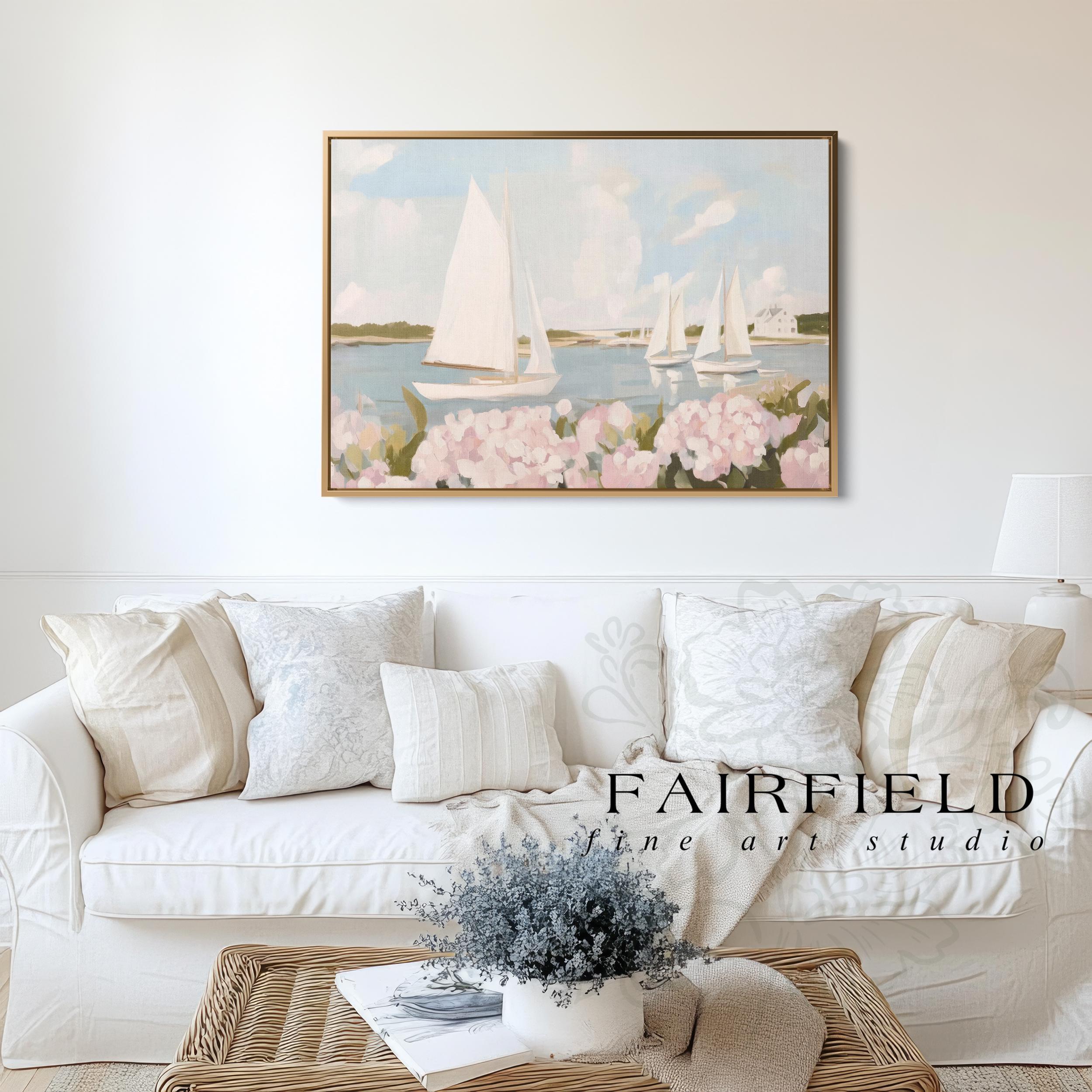 Nantucket Coastal Art Print With Sailboats & Hydrangeas, Old Money ...