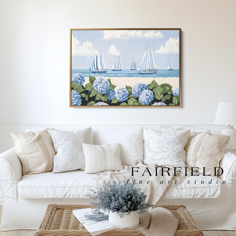Hamptons Coastal Wall Art Printable, Blue Hydrangeas and Sailboats ...
