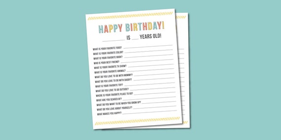 Birthday Questionnaire PRINTABLE Instant Download Birthday - Etsy