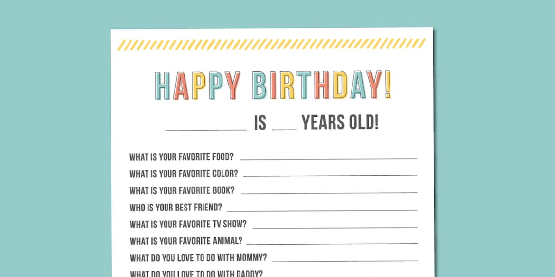 Birthday Questionnaire PRINTABLE Instant Download Birthday - Etsy